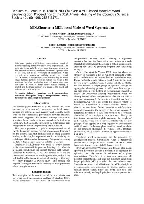 Pdf Mdlchunker A Mdl Based Model Of Word Segmentation