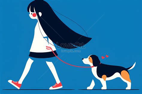 강아지와 함께 산책하는 소녀 일러스트 무료 다운로드 Lovepik