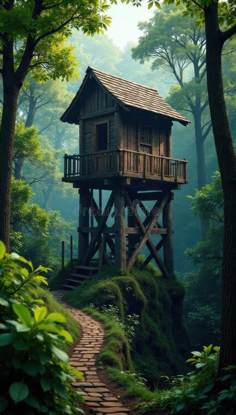 Rustic Wooden Tower Overlooking Dense Forest Canopy Scenic Structure