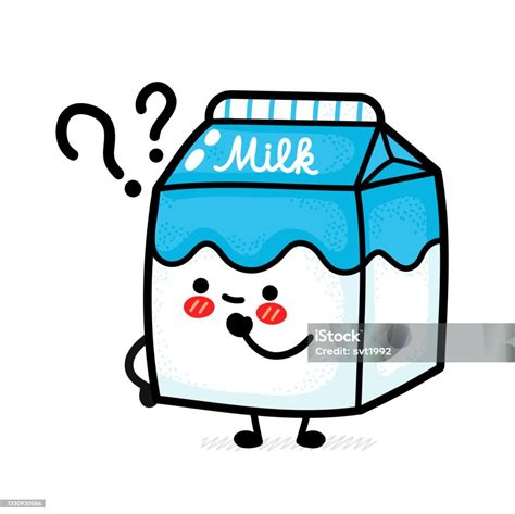 물음표와 귀여운 재미 우유 상자 벡터 핸드 그린 만화 가와이 캐릭터 일러스트 아이콘 흰색 배경에 격리 우유 유제품 상자 낙서 만화 미소 행복한 캐릭터 개념 0명에 대한 스톡