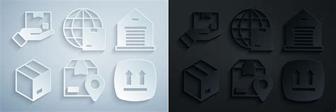 골판지 상자 창고 판지 이 쪽 업 전 세계 배송 및 배달 손 아이콘으로 위치를 설정합니다 벡터 3차원 형태에 대한 스톡 벡터 아트 및 기타 이미지 Istock