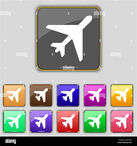 Airplane Icon Sign Set With Eleven Colored Buttons For Your Site Vector Illustration Stock