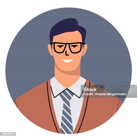 안경을 쓴 청년의 둥근 아이콘 넥타이에 사업가의 초상화 갈색 옷을 입고 행복한 웃는 남자의 아바타 갈색에 대한 스톡 벡터 아트