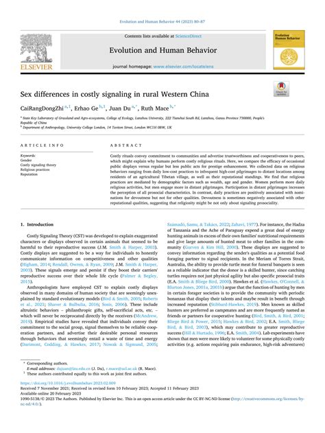 Pdf Sex Differences In Costly Signaling In Rural Western China