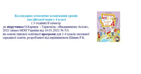 Календарно тематичне планування з англійської мови Карпюк 4 клас 2 семестр КТП Англійська мова
