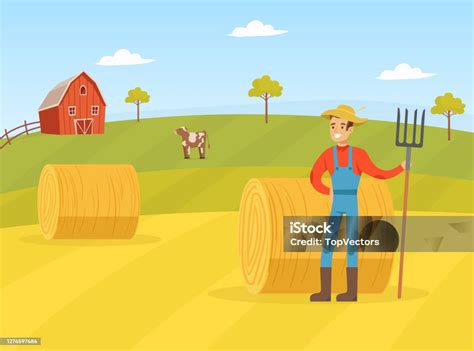 건초 베일의 배경에 피치 포크와 함께 서 농부 건초 더미에서 건초를 이동 하는 바지에 농업 노동자 캐릭터 농업 건강 한 식품 생산 벡터 일러스트 농장에 대한 스톡 벡터 아트