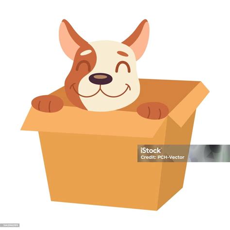 골판지 상자에 귀여운 재미 있는 강아지 만화 캐릭터 벡터 삽화 흰색 배경에 격리된 사랑스러운 개 아이의 그림 감정에 대한 스톡 벡터 아트 및 기타 이미지 Istock