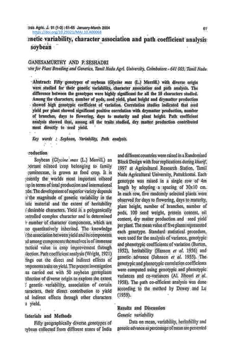 Pdf Genetic Variability Character Association And Path Coefficient Analysis Soybean