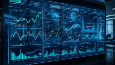 Stock Market Data Analytics On Digital Screens In A Modern Financial Office Stock Illustration