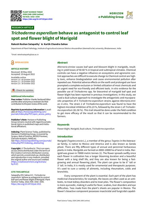 Pdf Trichoderma Asperellum Behave As Antagonist To Control Leaf Spot And Flower Blight Of Marigold