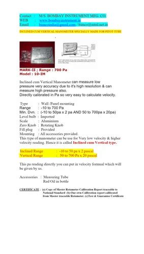 Acrylic Inclined Cum Vertical Manometer For Water 10 To 700 Pa At