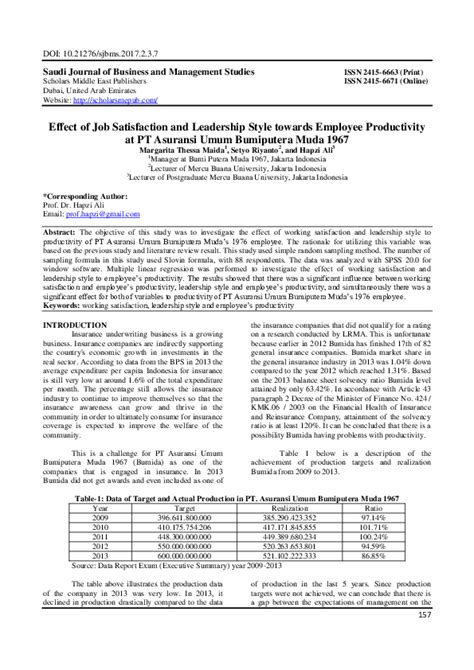 Pdf Effect Of Job Satisfaction And Leadership Style Towards Employee Productivity At Pt