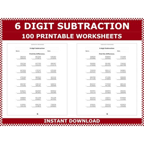 6 Digit Subtraction Worksheets 6 Digit Minus 6 Digit Subtraction Long Subtraction With 6 Digit