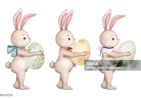 그려진 달걀을 가진 귀여운 부활절 토끼의 세트 부활절 작곡 손으로 그린 수채화 그림입니다 부활절 봄 휴일 인사말 카드 초대장 포스터 라벨 엽서 등을 위한 디자인 0명에 대한