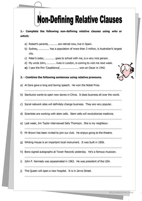 Non Defining Relative Clauses English ESL Worksheets Relative Clauses Clause Relative Pronouns
