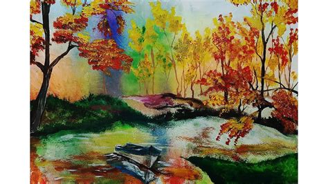Как нарисовать осенний пейзаж гуашью Рисуем осенний лес Пейзаж красками Необычное рисование