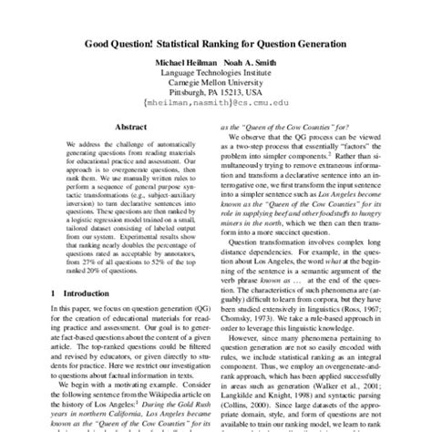 Good Question Statistical Ranking For Question Generation Acl Anthology