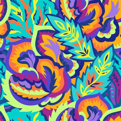 Colorful Seamless Pattern With Chaotic Floral And Psychedelic Abstract Elements Vector