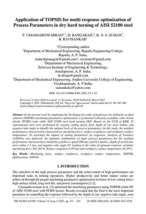 Pdf Application Of Topsis For Multi Response Optimization Of Process Parameters In Dry Hard