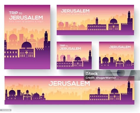 예루살렘 프리 국가 장식 여행 투어 개념의 집합입니다 문화 전통 잡지 책 포스터 추상 요소 벡터 장식 민족 인사말 카드 또는 초대 배경 건물 외관에 대한 스톡 벡터 아트 및