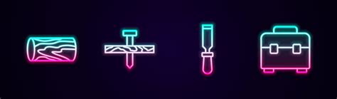 세트 라인 나무 로그 금속 손톱 끌 도구 및 도구 상자 빛나는 네온 아이콘 벡터 강철에 대한 스톡 벡터 아트 및 기타 이미지 강철 건설 산업 금속 Istock