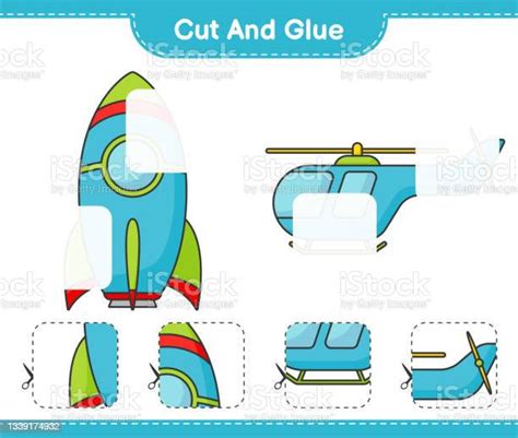 잘라 접착제 로켓과 헬리콥터의 일부를 잘라 그리고 그들을 접착제 교육 어린이 게임 인쇄 워크 시트 벡터 일러스트레이션 0명에