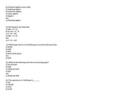 Mcq For Class 11 Q Boolean Algebra Is Also Called A Switching Algebra B Arithmetic Algebra C