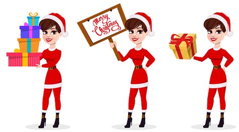 메리 크리스마스 인사말 카드입니다 산타 클로스 의상 3 포즈의 설정에서 예쁜 여자 12월에 대한 스톡 벡터 아트 및 기타 이미지 12월 개체 그룹 겨울 Istock