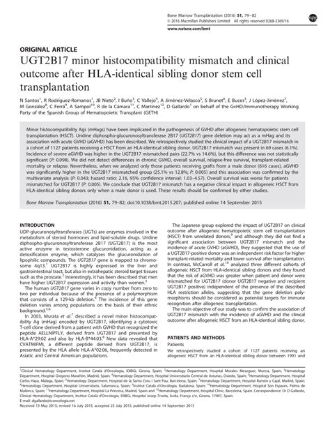 Pdf Ugt2b17 Minor Histocompatibility Mismatch And Clinical Outcome After Hla Identical Sibling