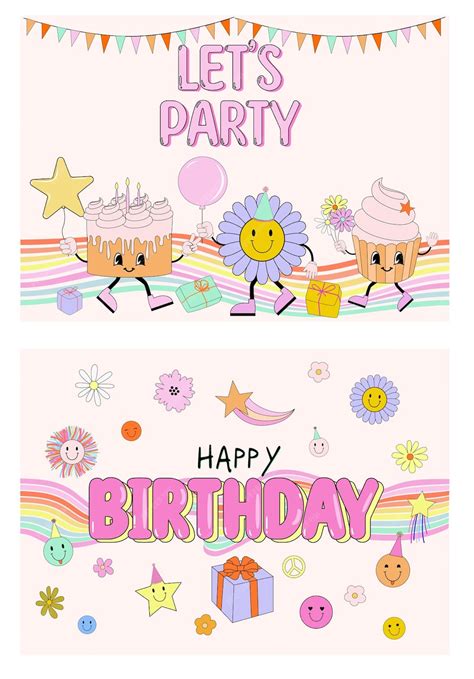 레트로 향수 요소 70s 80s 90s 스타일로 설정된 생일 축하 카드 프리미엄 벡터