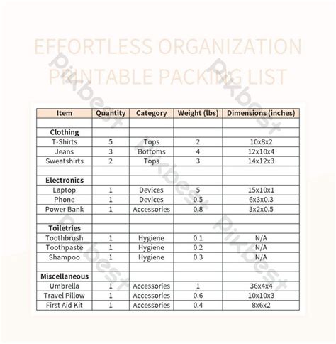 Effortless Organization Printable Packing List Excel Template Free Download Pikbest