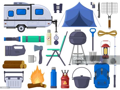 하이킹 캠핑 야외 모험 관광 요소 자연 모험 텐트 모바일 홈 그릴 캠프 파이어 쌍안경 벡터 일러스트 세트 야외 캠핑 장비 바베큐그릴에 대한 스톡 벡터 아트 및 기타 이미지