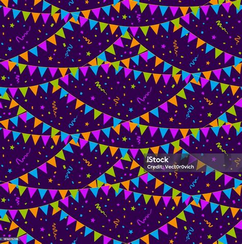 다채로운 밝은 매달려 깃발 멧새 화환과 색종이 원활한 반복 패턴 디자인 마디 그라 축제 축하 문자열 벡터 일러스트 레이 션 배경