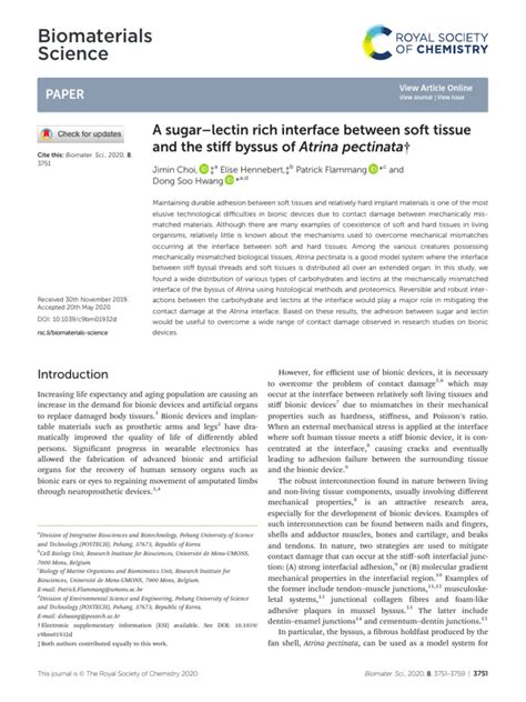 Biomaterials Science A Sugar Lectin Rich Interface Between Soft Tissue And The Sti Byssus Of Pdf
