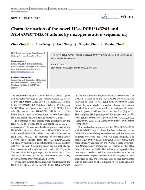 Characterisation Of The Novel Hla‐dpb1 1437 01 And Hla‐dpb1 1438 01 Alleles By Next‐generation