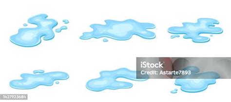 물 웅덩이 세트 액체 만화 스타일 흰색 배경에 고립 된 드롭 파란색 분할 바닥에 튀기 벡터 일러스트 레이 션 등측투영법에 대한 스톡 벡터 아트 및 기타 이미지 Istock