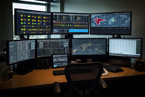 Multi Monitor Cybersecurity Analyst Workstation Monitoring System With Multiple Screens Stock