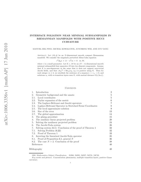 Pdf Interface Foliation Near Minimal Submanifolds In Riemannian Manifolds With Positive Ricci