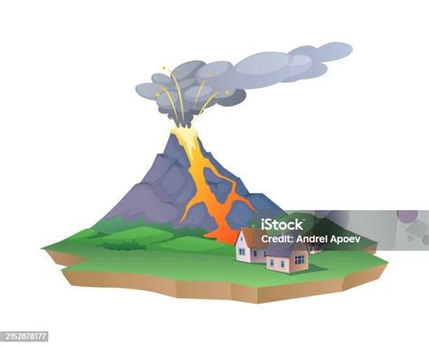 Letusan Gunung Berapi Dengan Lava Yang Mengalir Dan Awan Debu Objek 2d Ilustrasi Stok Unduh
