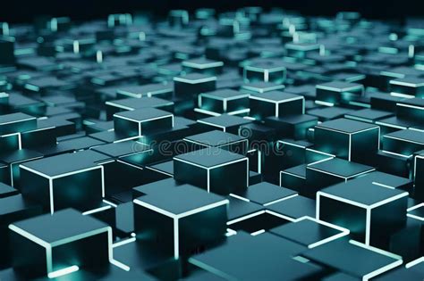 Futuristic Landscape Of Interconnected Cubic Structures In Bright Blue Against Dark Stock