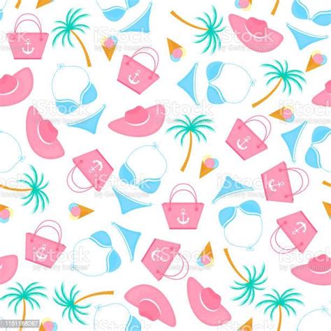 수영복 아이스크림 야자수 가방 비치 액세서리 여름 완벽 한 패턴입니다 디자인 표면 직물 직물 포장 종이 벽지에 사용 바다에 대한 스톡 벡터 아트 및 기타 이미지 Istock