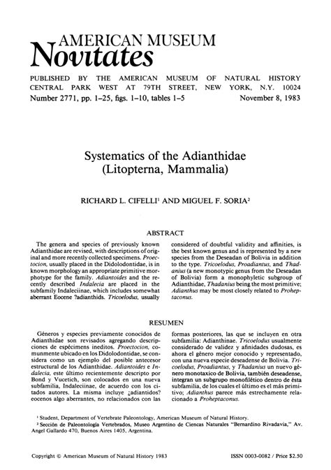 Pdf Systematics Of The Adianthidae Litopterna Mammalia