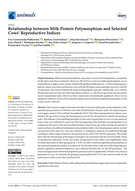 Pdf Relationship Between Milk Protein Polymorphism And Selected Cows