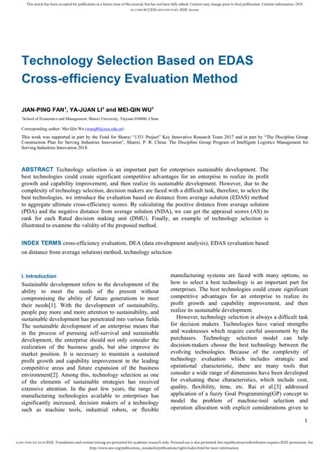 Pdf Technology Selection Based On Edas Cross Efficiency Evaluation Method