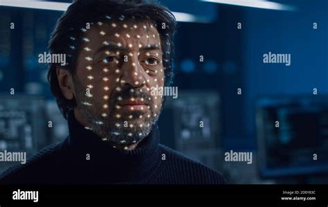 Biometric Facial Recognition Scanning Proccess Man Getting Identified By Hardware Scanning