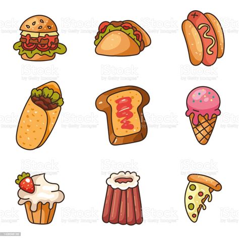 패스트 푸드 라인 아트 디자인 요소 컬렉션 격리 세트 벡터 디자인 요소 만화 일러스트 레이 션 건강에 좋지 않은 음식에 대한 스톡 벡터 아트 및 기타 이미지 Istock