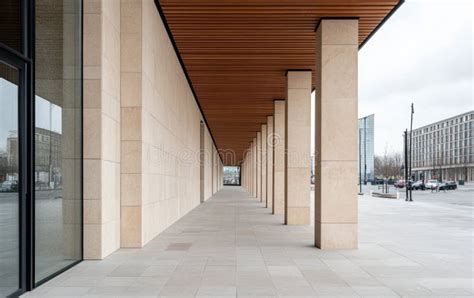 Modern Beige Stone Building With Wooden Canopy Stock Illustration Illustration Of Architecture