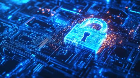 Glowing Padlock Symbolizes Cybersecurity With Digital Circuits And Data Flow In Blue Tones Stock