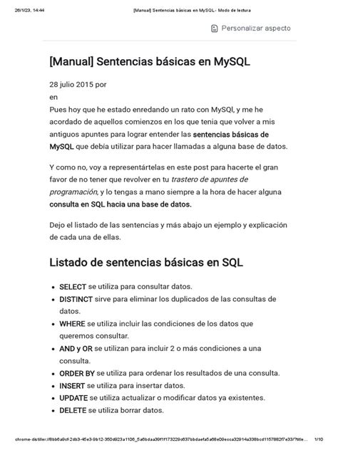 Manual Sentencias Básicas En Mysql Modo De Lectura Download Free Pdf Sql Datos