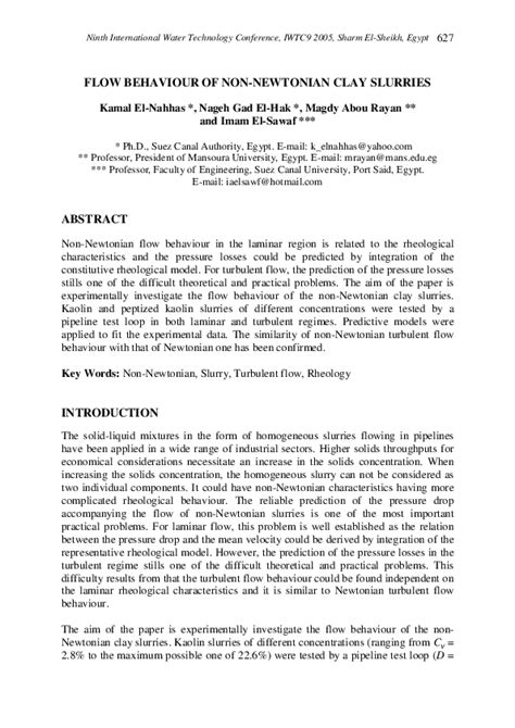 Pdf Flow Behaviour Of Non Newtonian Clay Slurries